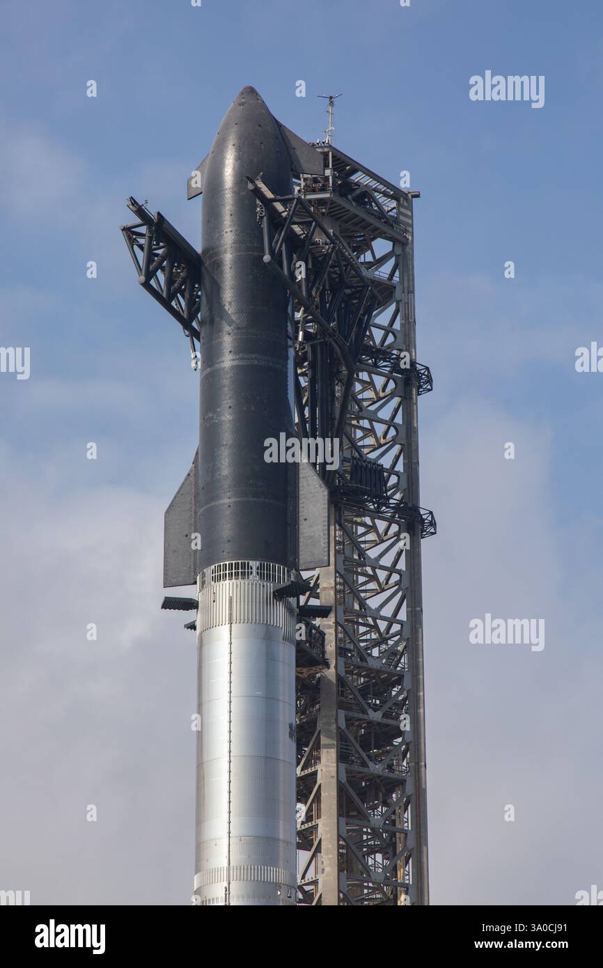 Fully stacked on the OLM Orbital Launch Mount is Starship ktest flihgt ...