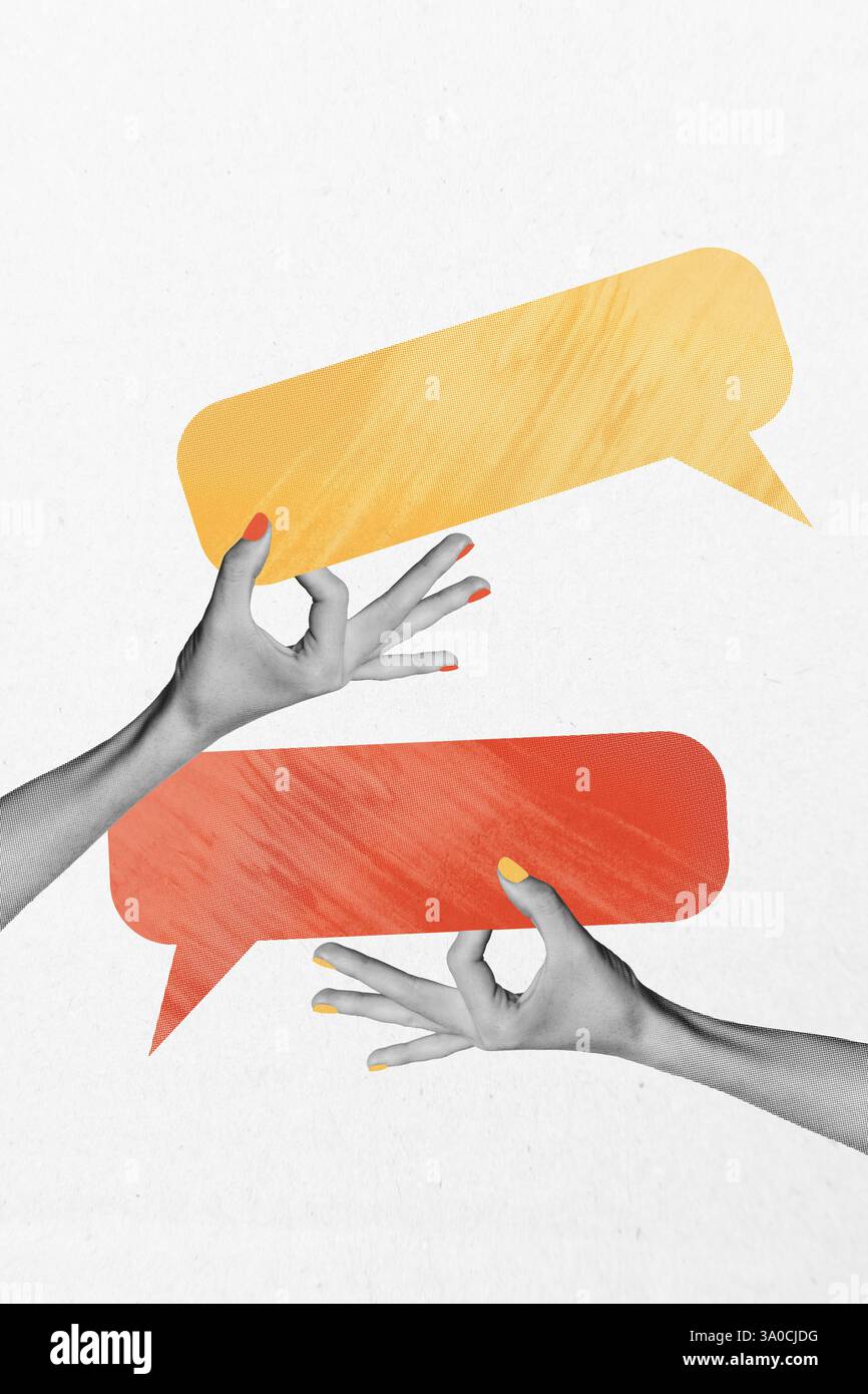 Exclusive image vertical photo collage of hands show communication icon ...