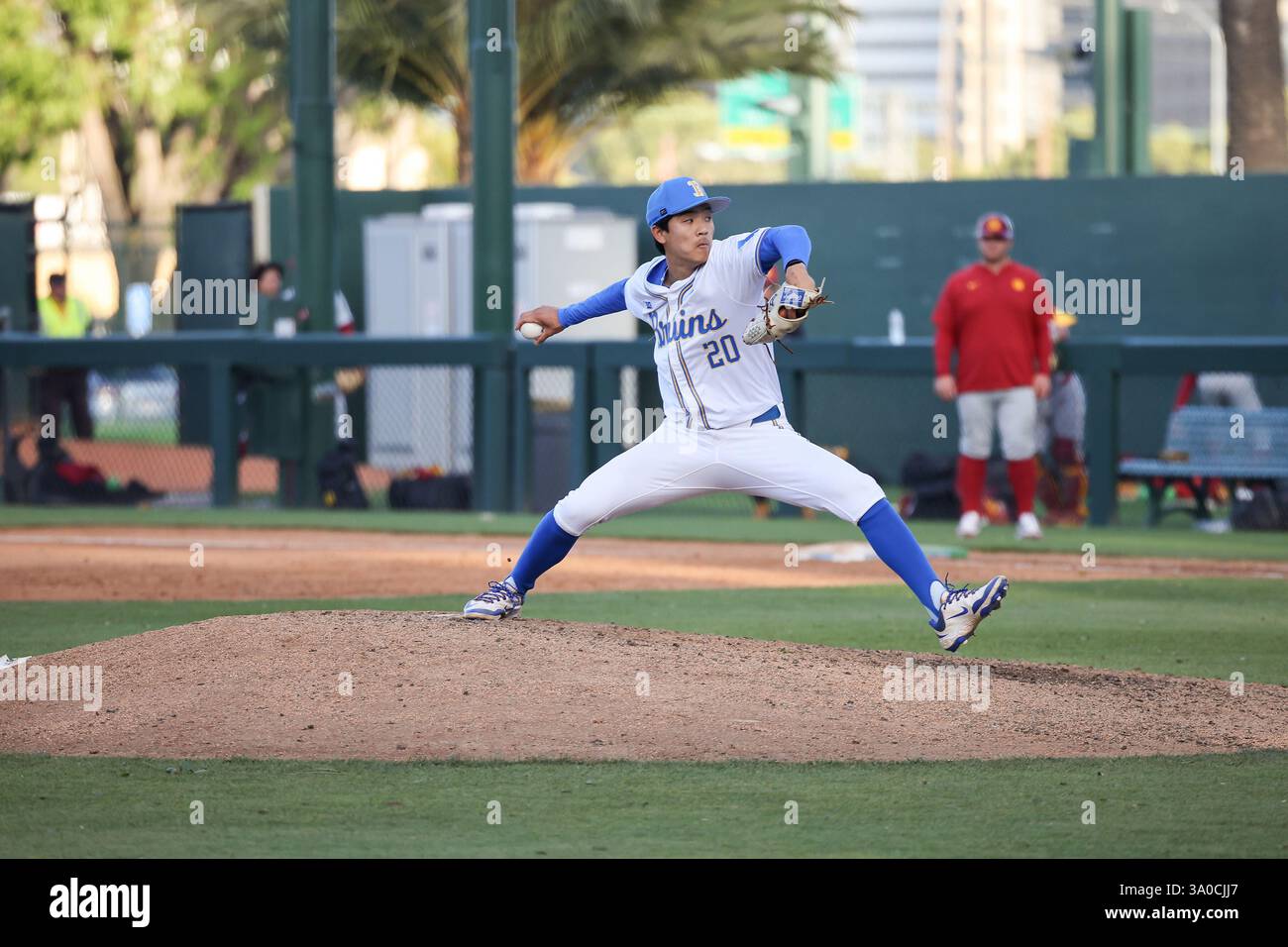 March 2, 2025: UCLA pitcher Justin Lee (20) delivers a pitch during an ...