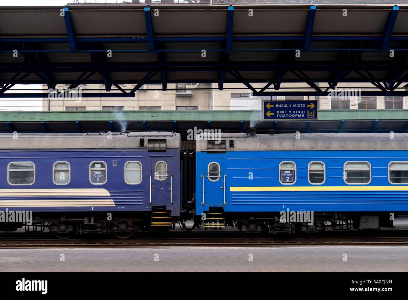 Overnight train from Kyiv to Chisinau seen at Kyiv’s main railway ...