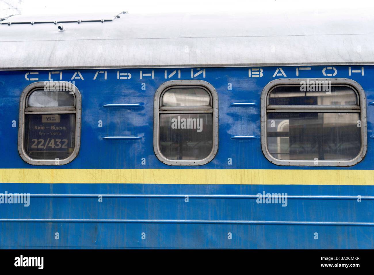Overnight train from Vienna seen after arrival at Kyivs main railway ...