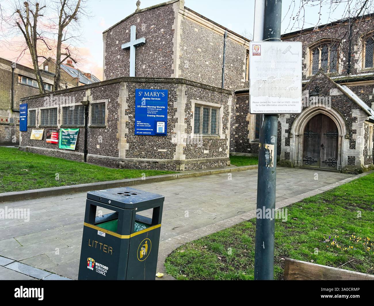 London, UK - March 02, 2025: A historic St Mary's church surrounded by ...