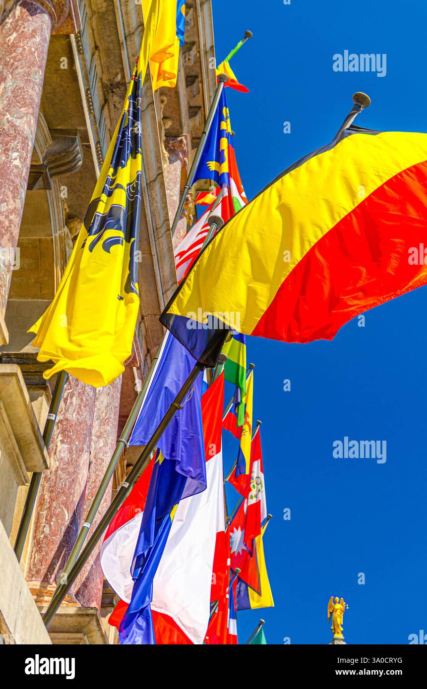 European countries flags on facade of Antwerp City Hall Stadhuis ...