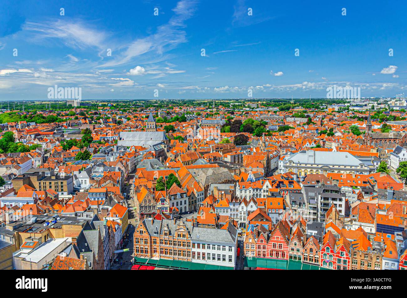 Bruges cityscape, aerial panoramic view of Bruges historical city ...