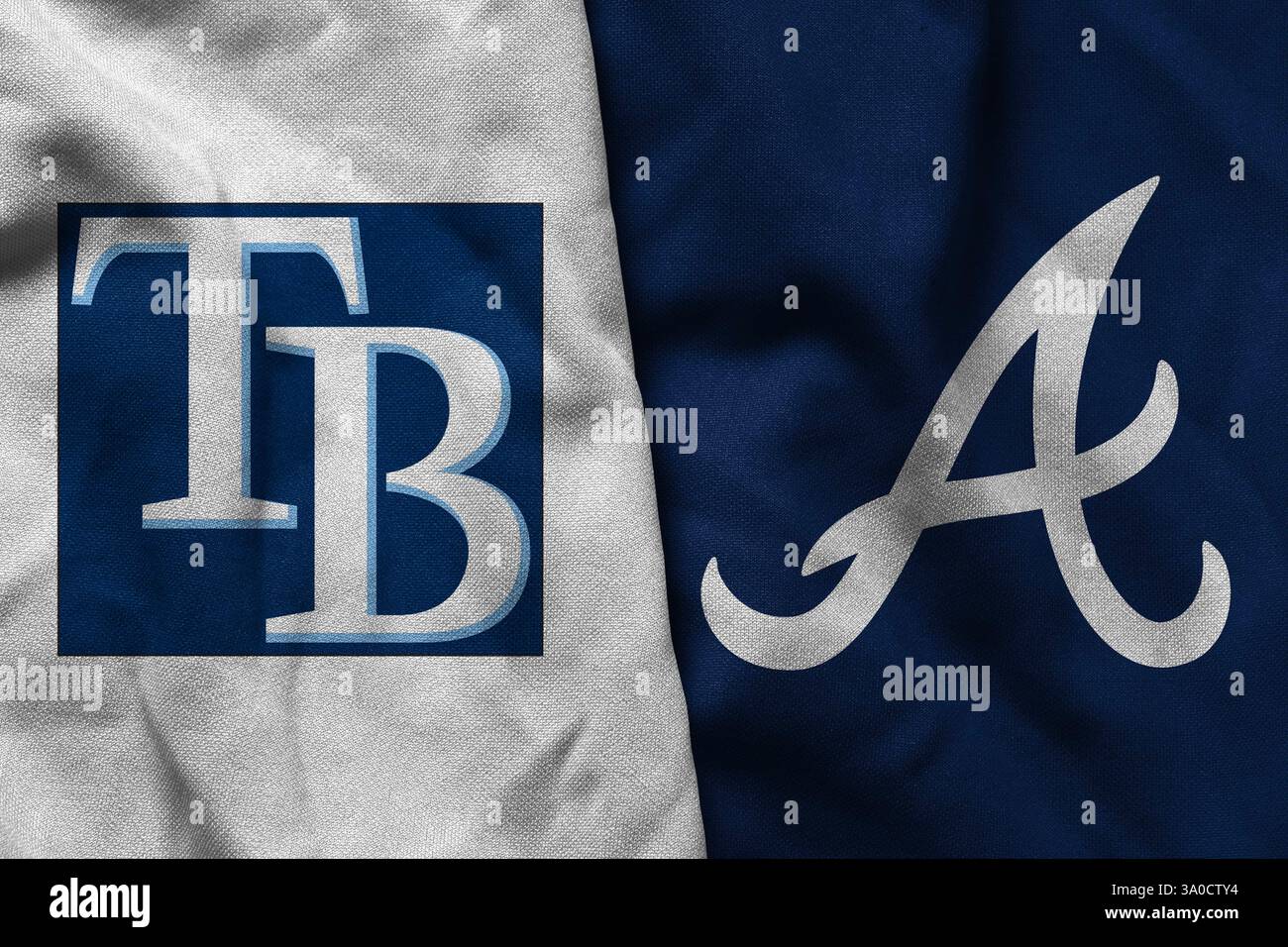 pringsewu, lampung; march 3, 2025; fabric texture showing flag with MLB ...