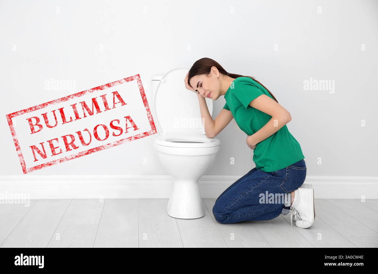 Bulimia nervosa. Young woman suffering from nausea in bathroom Stock ...