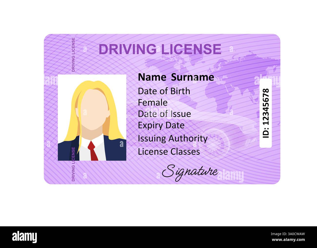 Driver's license with female silhouette and illustration of world map ...