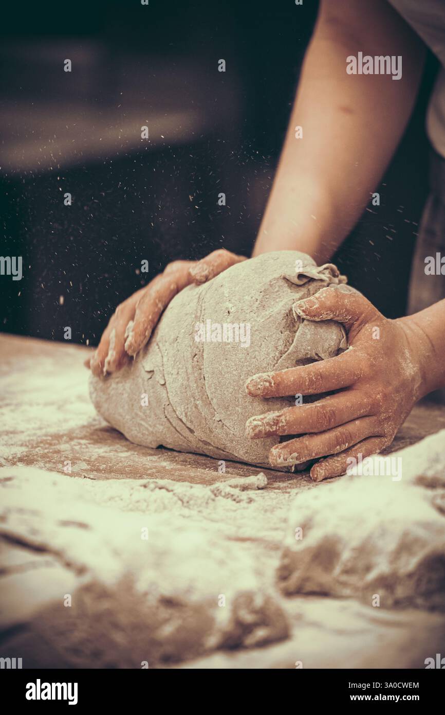 A baker kneads bread dough in the bakery. Vintage style with grain ...