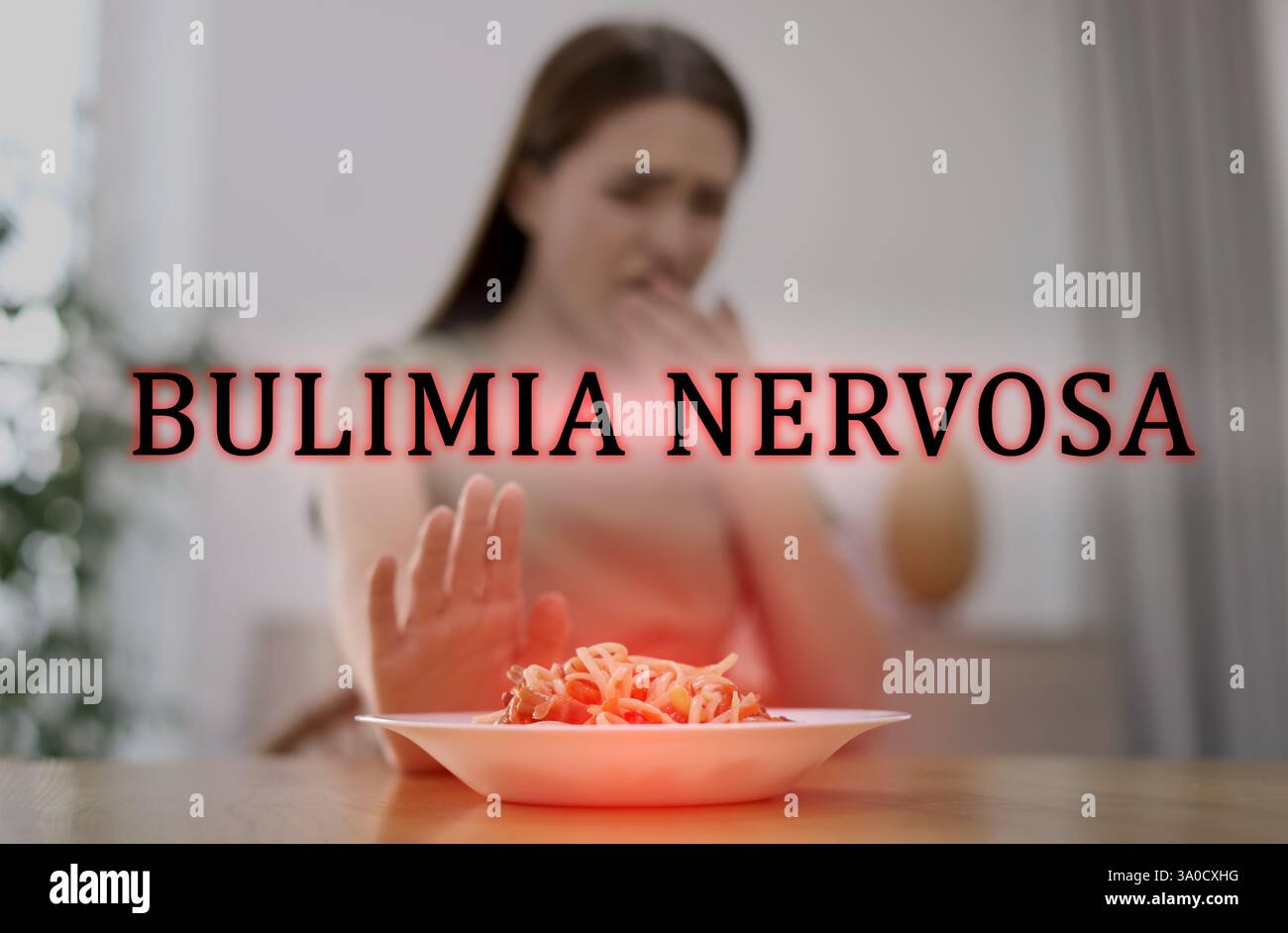 Bulimia nervosa. Young woman suffering from nausea at wooden table ...