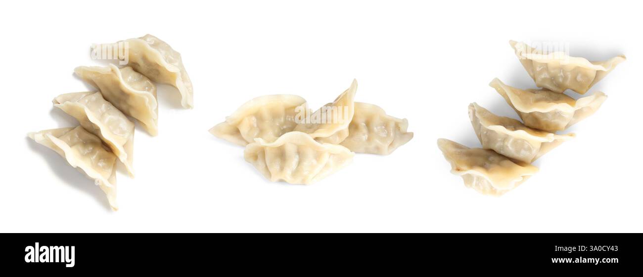 Tasty boiled gyoza (dumplings) on white background, collage Stock Photo ...