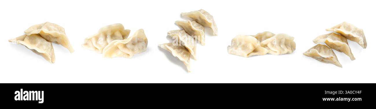 Tasty boiled gyoza (dumplings) on white background, collage Stock Photo ...