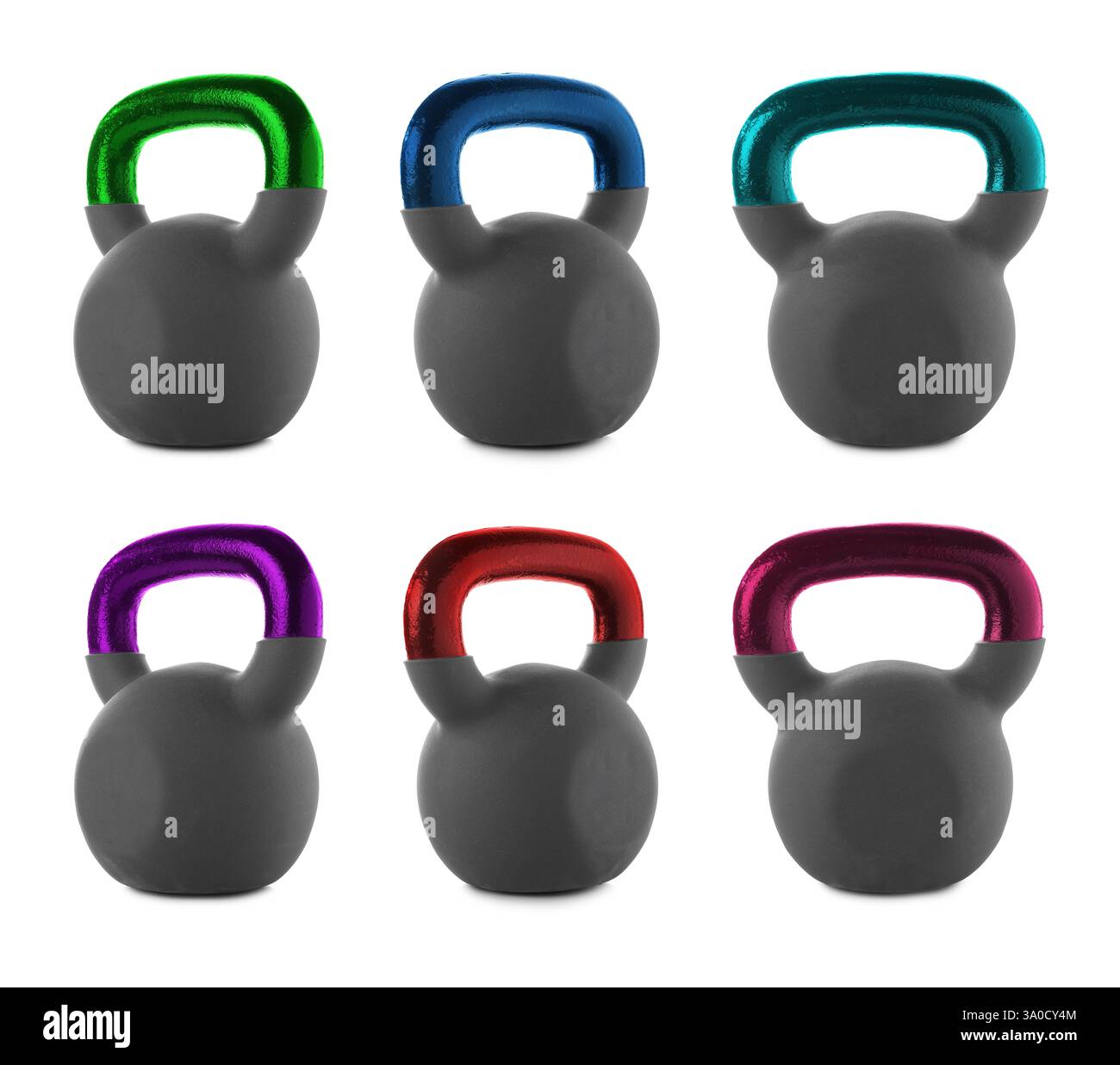 Kettlebells with metal handles in different colors on white background ...