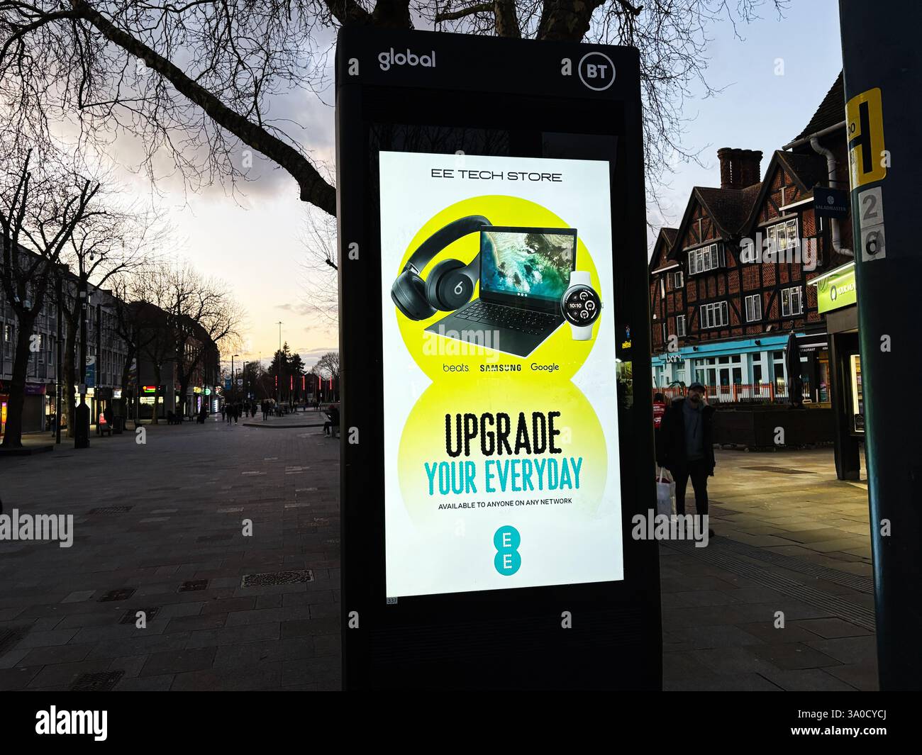 London, UK - March 02, 2025: An illuminated advertisement promoting EE ...