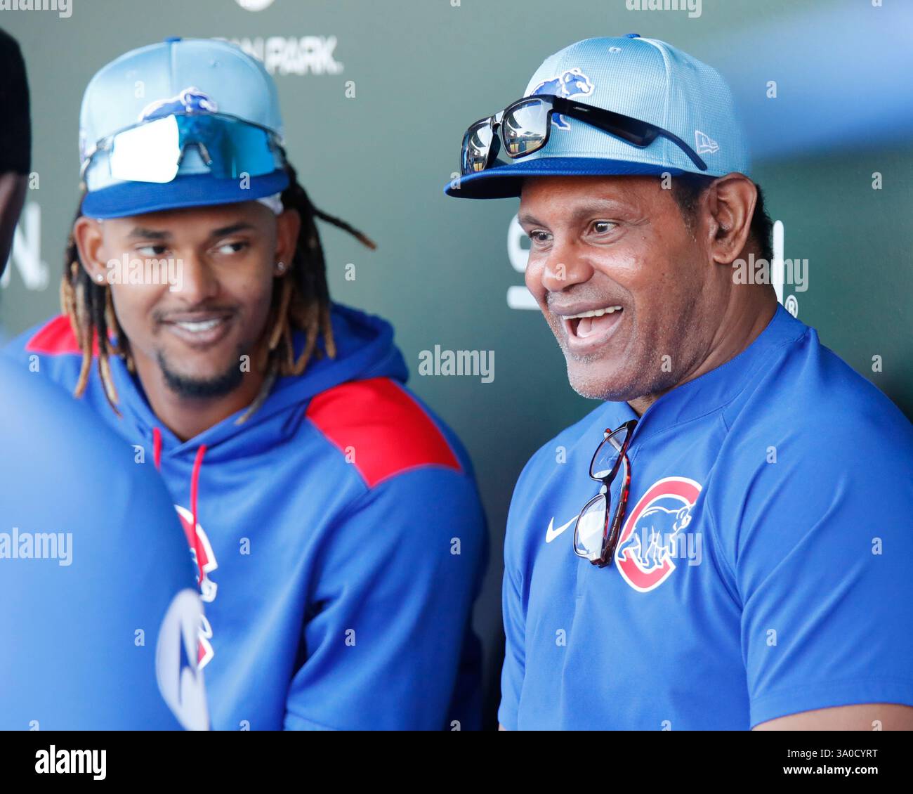 March 2, 2025: Sammy Sosa in the dugout with Chicago Cubs players ...