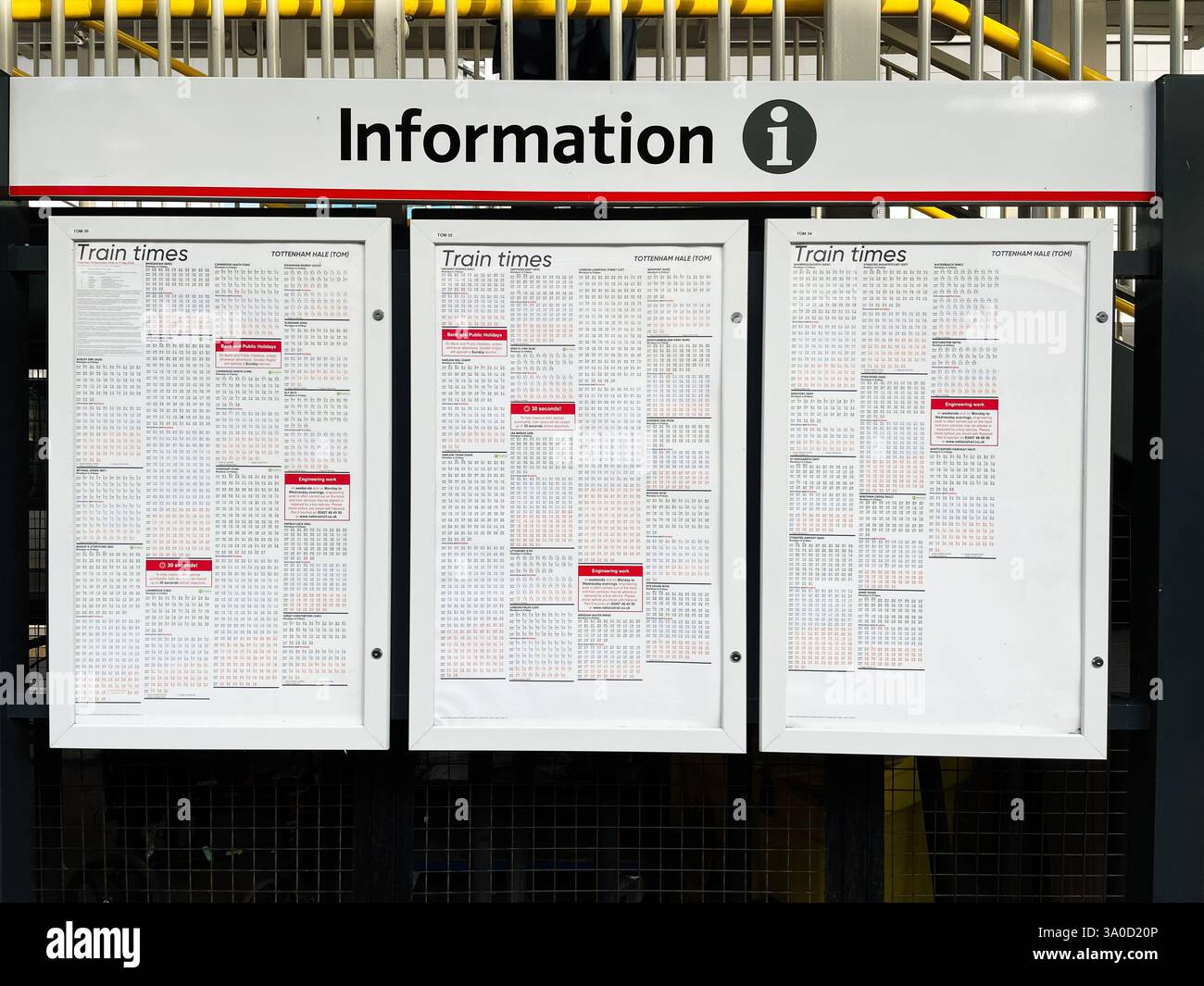 London, UK - March 02, 2025: Train timetable posters displayed at ...