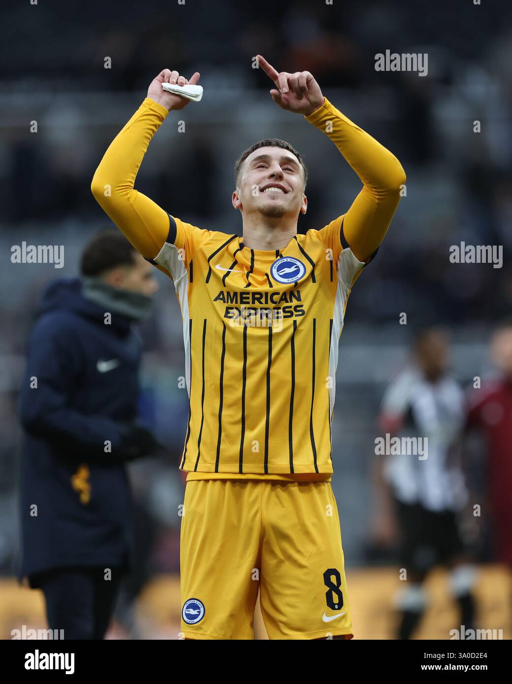Brighton & Hove Albion's Brajan Gruda celebrates in front of their fans ...