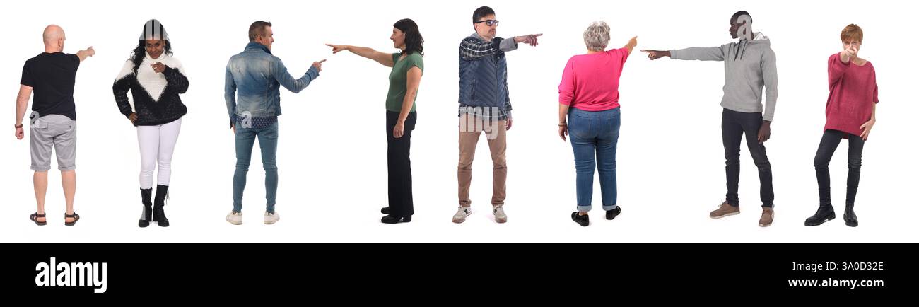 various poses of a group of women and men pointing fingers forward on ...