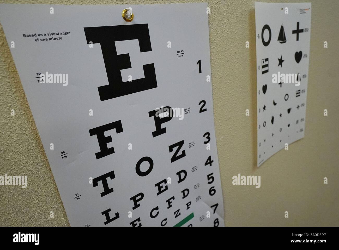 Eye exam posters are seen outside a clinic's exam room Monday, Feb. 24 ...