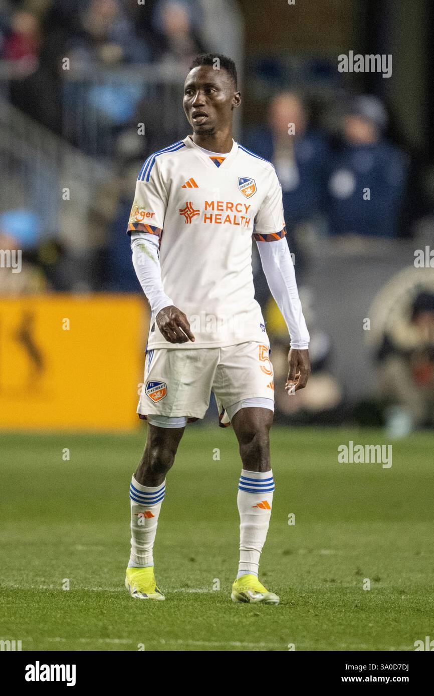 CHESTER, PA - MARCH 01: FC Cincinnati midfielder Obinna Nwobodo #5 looks for the pass during the ...