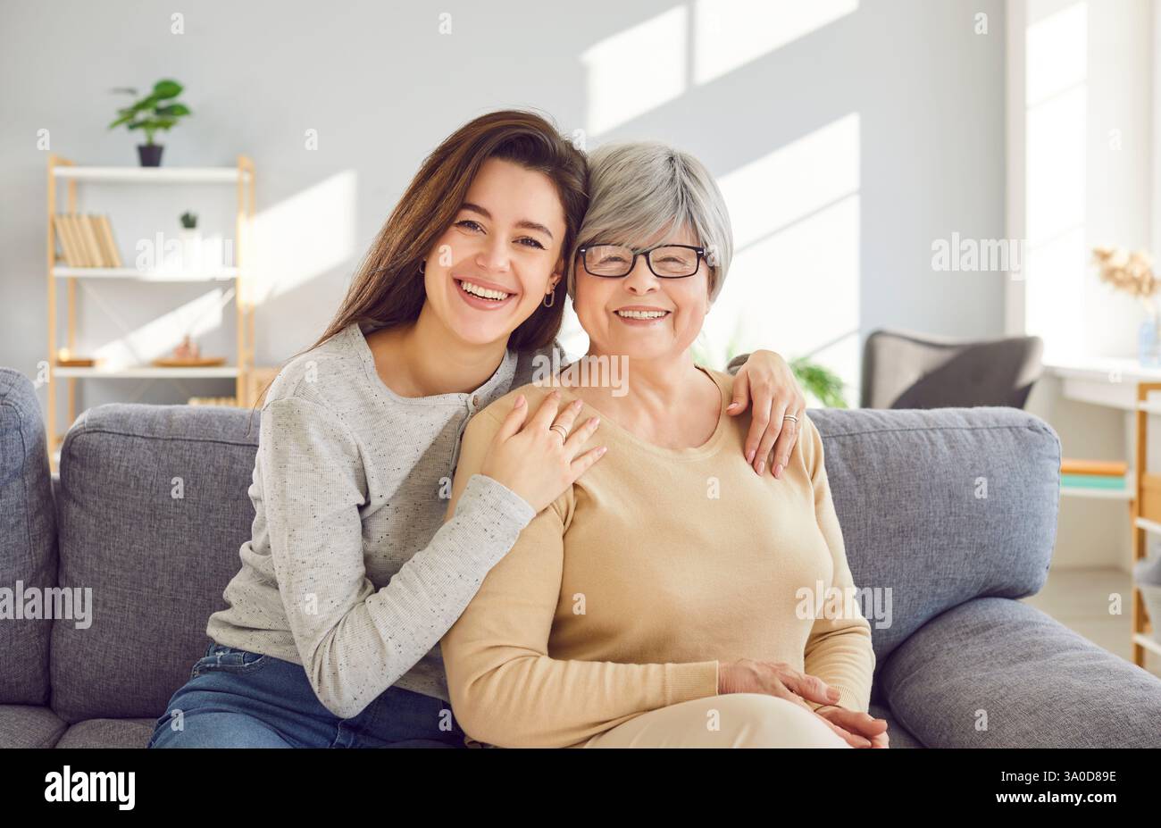 Family in love, aging parent and adult child, old and youth together ...