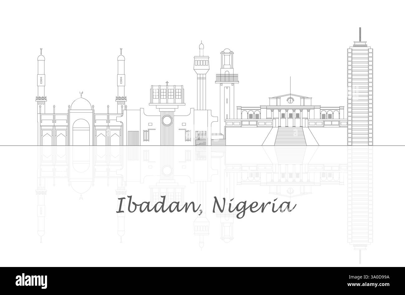 Outline Skyline panorama of city of Ibadan, Nigeria- vector ...