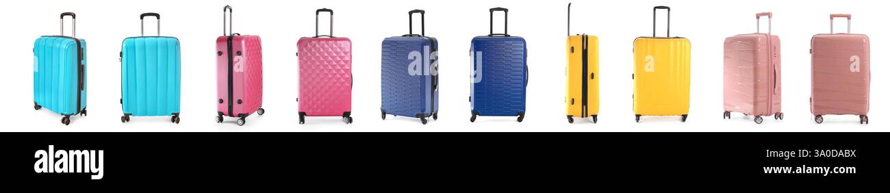 Set of many suitcases on white background. Travel concept Stock Photo ...