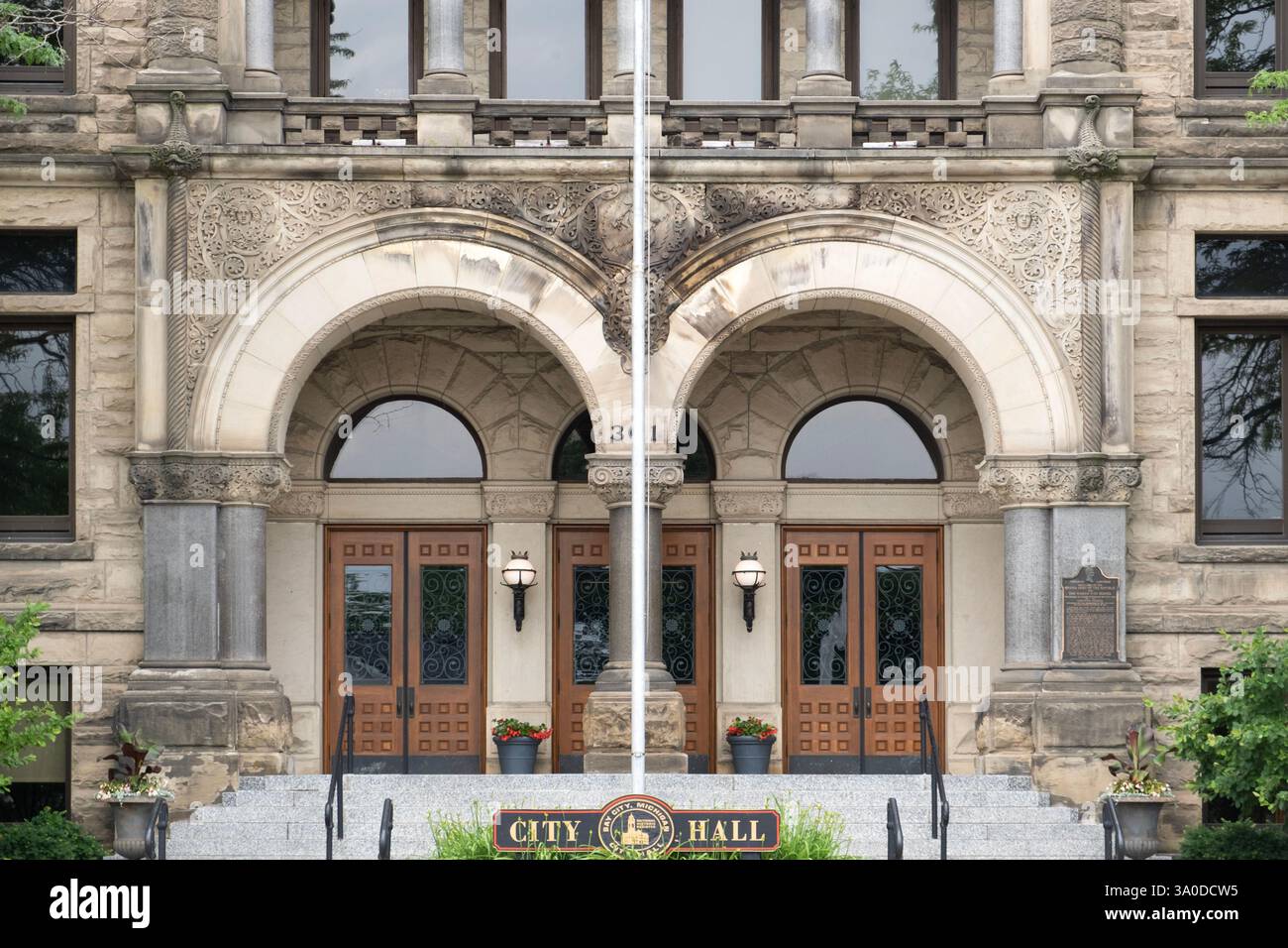 View of the Romanesque architecture arched entrance of the Bay City ...