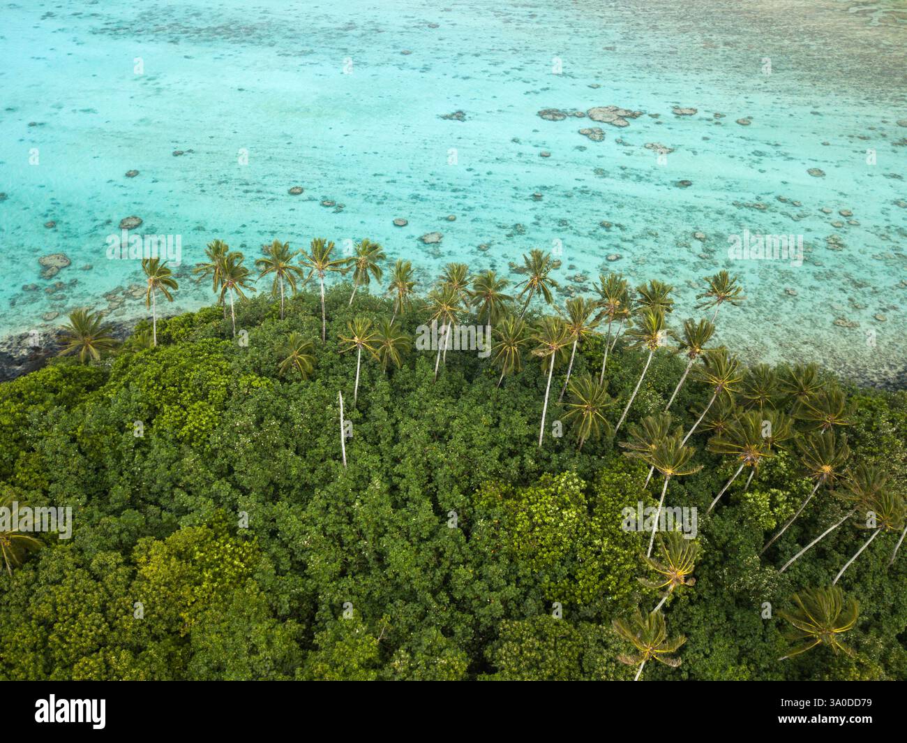 Aerial view looking down on a tropical island with vibrant blue aqua ...