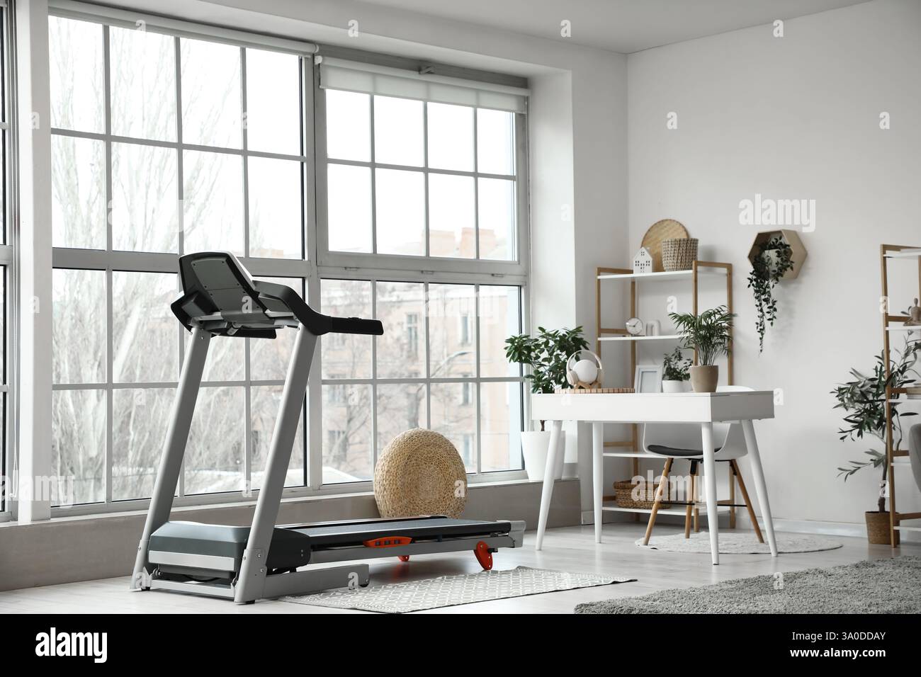 Interior of living room with treadmill, table and shelf unit Stock ...