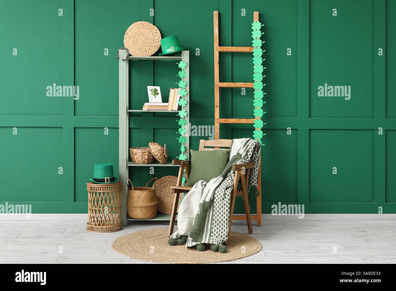 Interior of room decorated for St. Patrick's Day with armchair, ladder ...