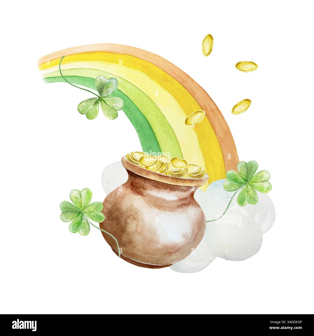 Clay pot with gold coins, rainbow, cloud, clover leaves. Hand drawn ...