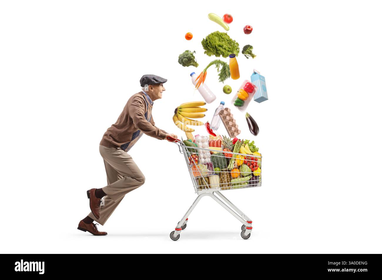Full length profile shot of a pensioner running with falling food in a ...