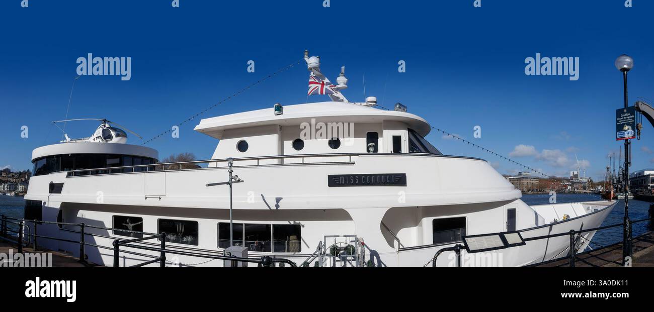 wide angle panorama of luxury yacht boat "miss conduct" with helicopter ...