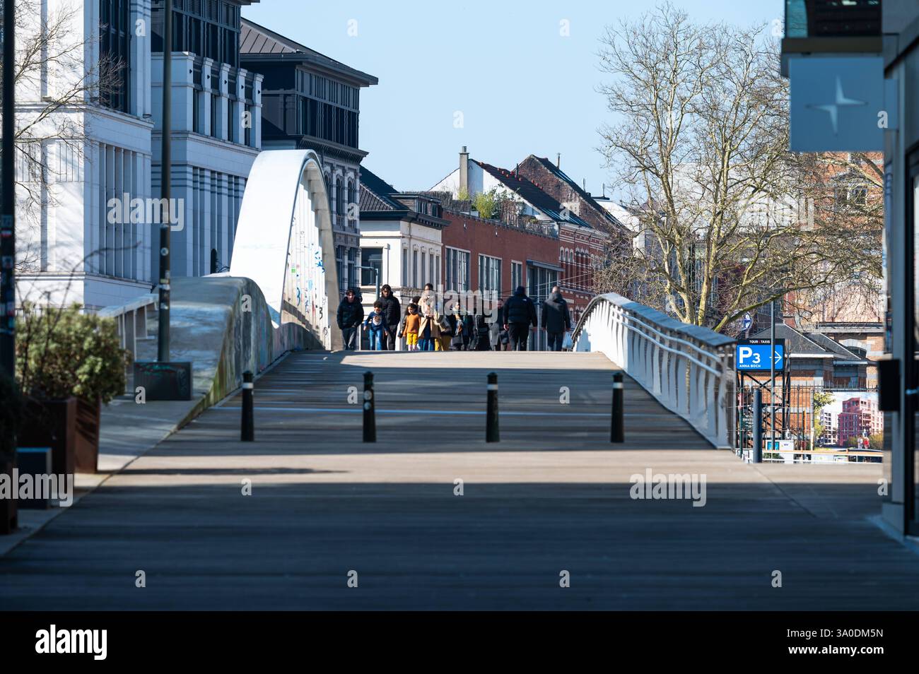 People walking over the Suzan Daniel bridge in Brussels Capital Region ...