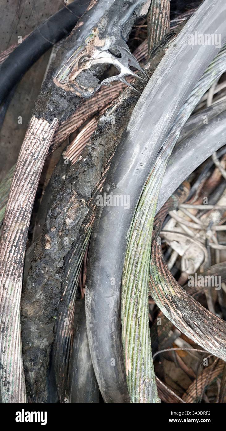 A cluster of heated electrical cables reveals frayed edges and exposed wires, highlighting their ...