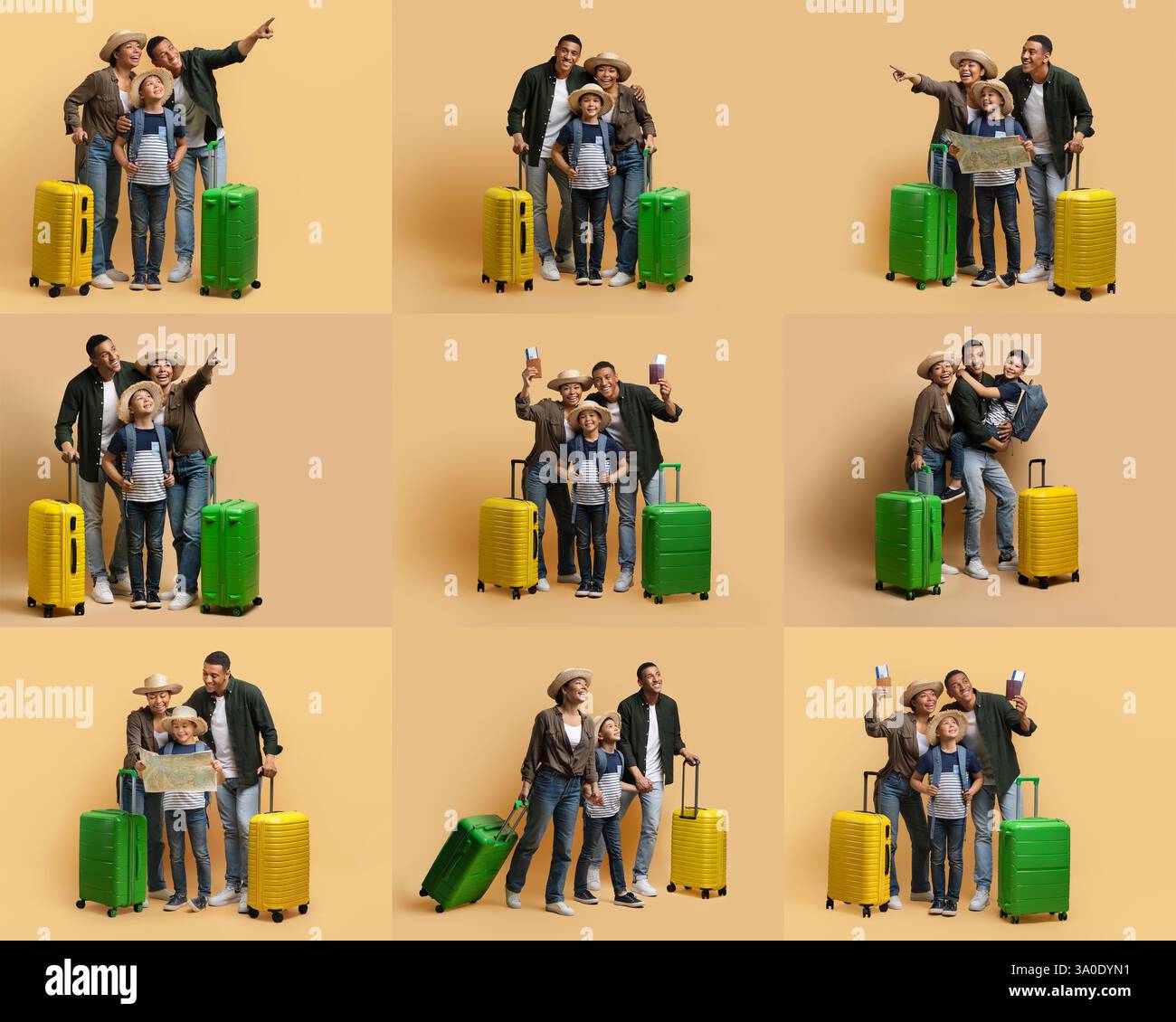 Family adventure collage showcasing travelers with their luggage on a ...
