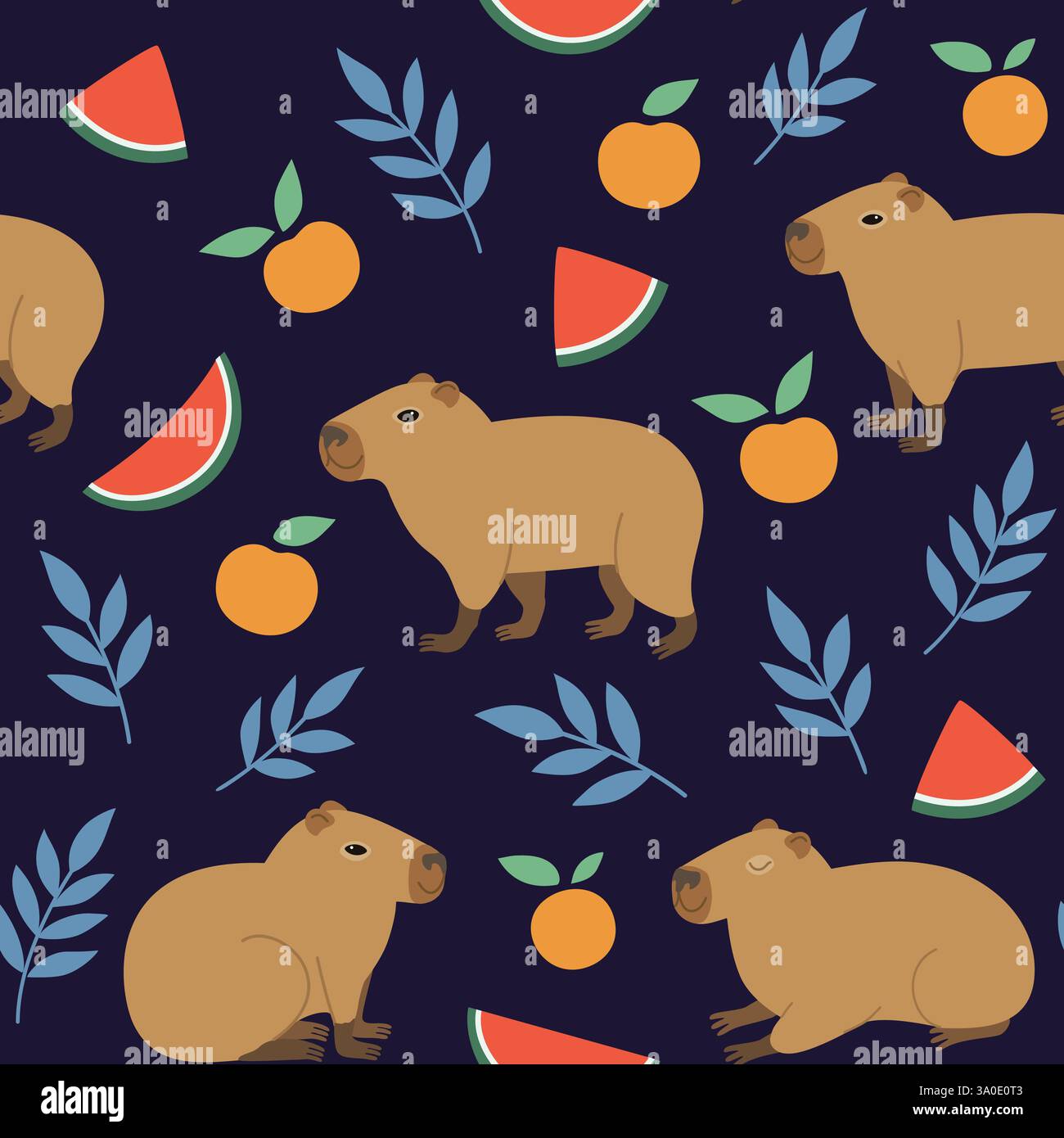 Seamless pattern with cute capybara, oranges and watermelon. Vector ...