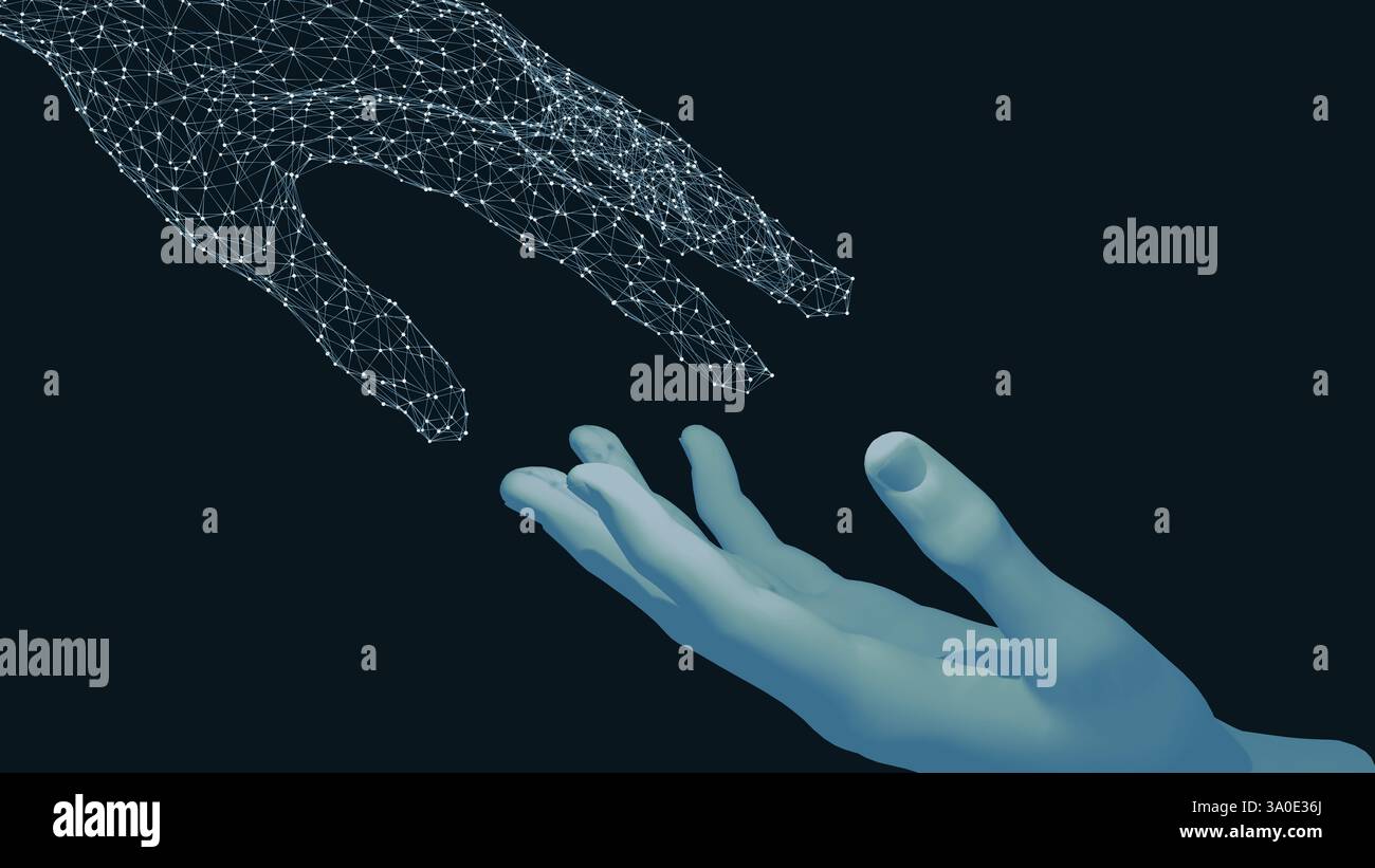 The AI network hand touches the human hand on a dark background. AI tools that helping people ...