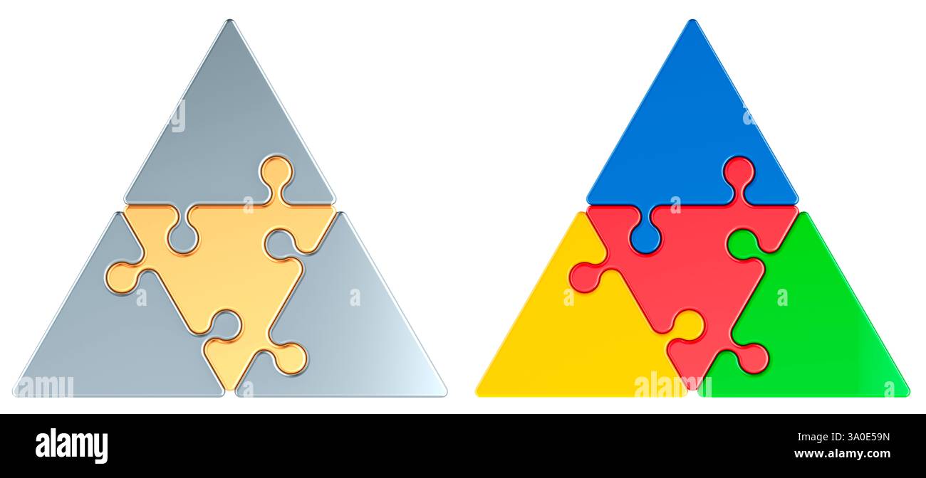 Colored and metallic triangular puzzles. Business logotype concept. 3D ...