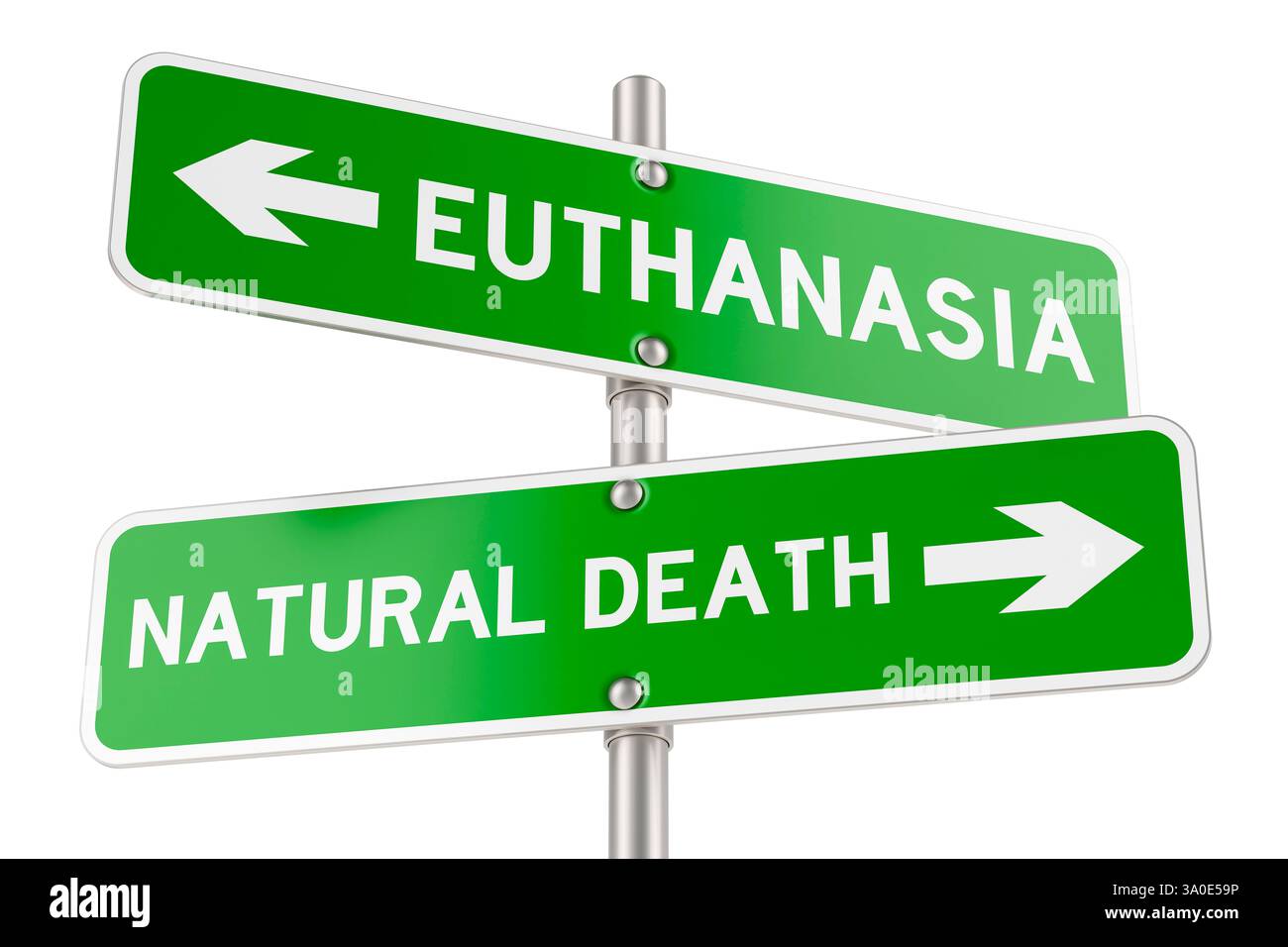 Euthanasia or Natural death. Opposite traffic sign, 3D rendering ...