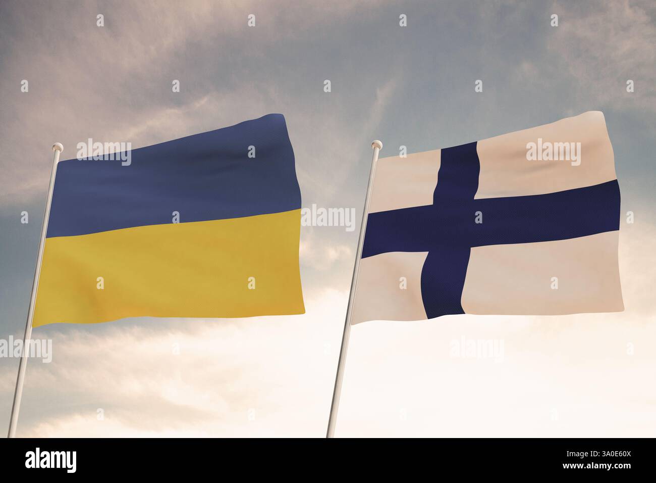Flags of Ukraine and FINLAND waving with cloudy blue sky background ...