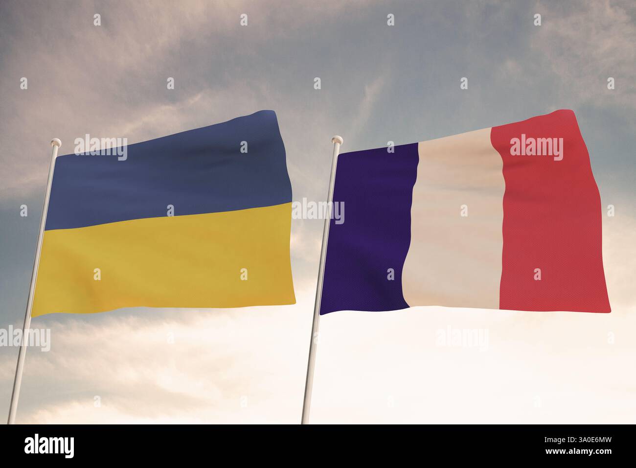 Flags of Ukraine and FRANCE waving with cloudy blue sky background ...