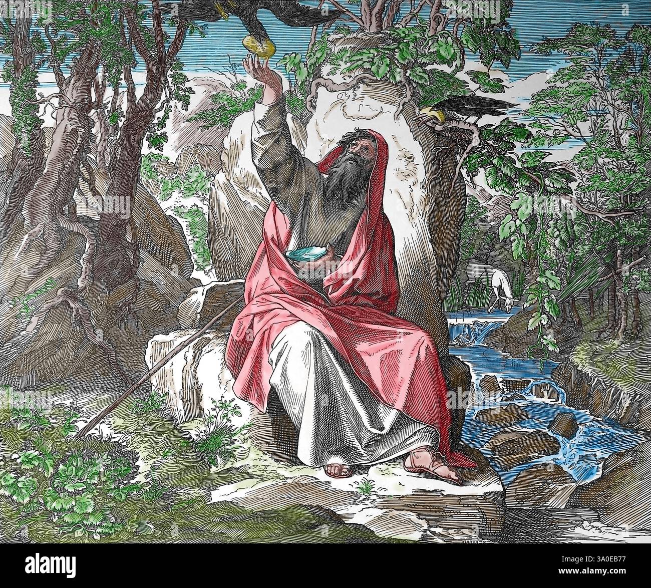 Old Testament. Elijah receives food from the ravens. First Book of ...