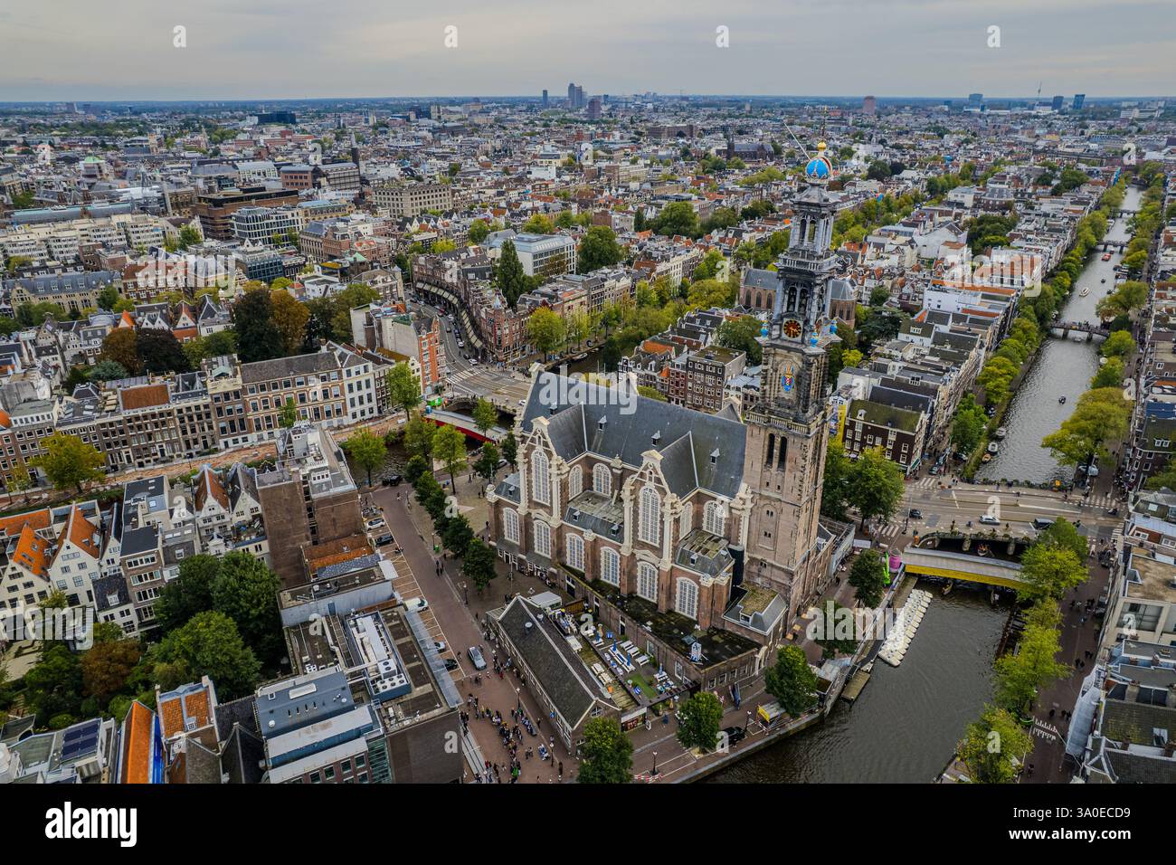 Stunning aerial view of Westerkerk, the Protestant church in Amsterdam ...