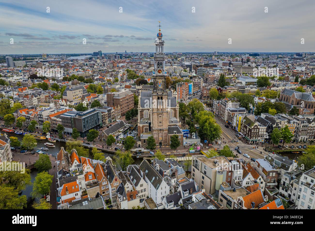 Stunning aerial view of Westerkerk, the Protestant church in Amsterdam ...