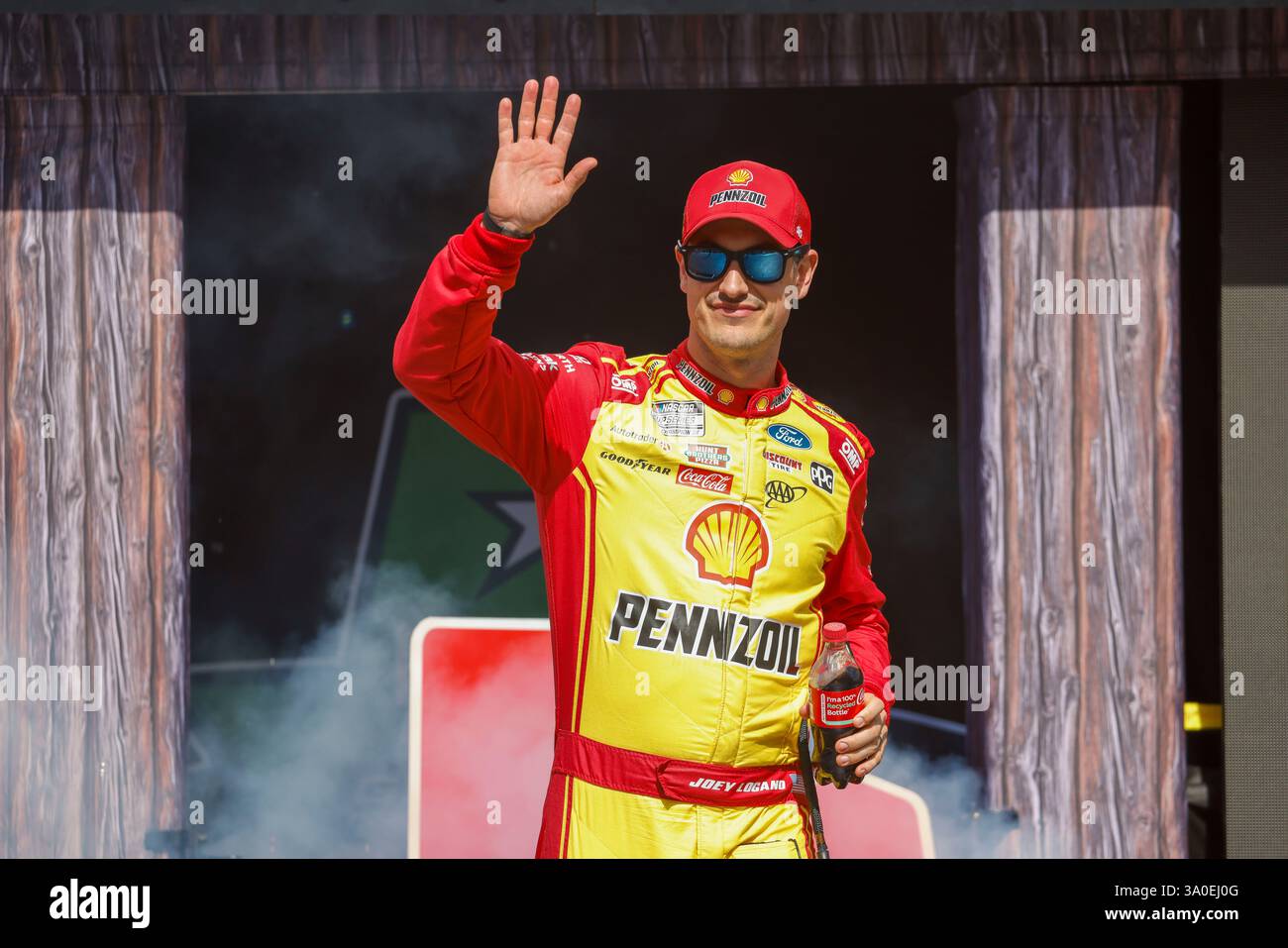 AUSTIN, TX - MARCH 02: Joey Logano (#22 Team Penske Shell Pennzoil Ford) waves to the crowd ...