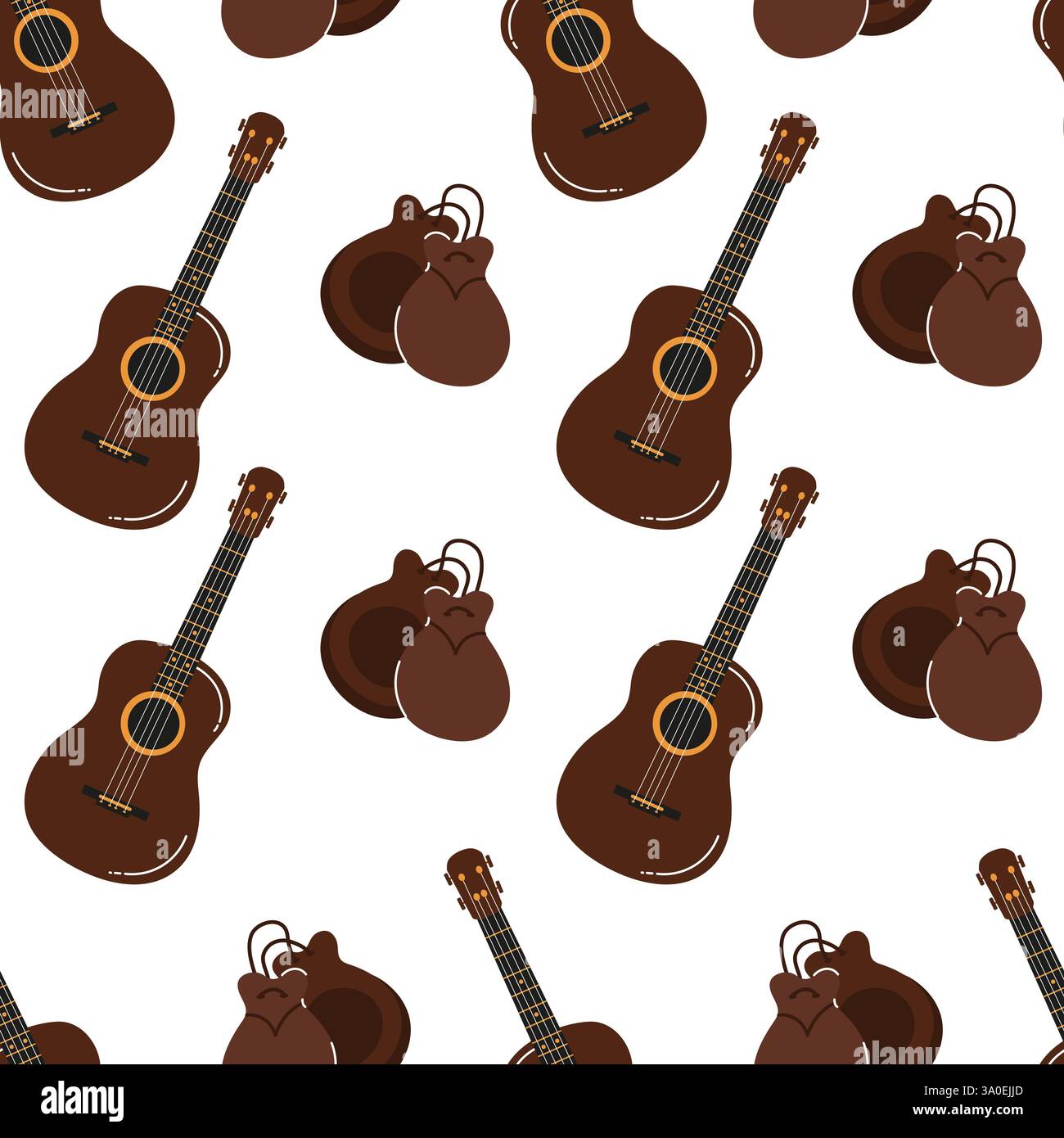 Pattern featuring acoustic guitars and musical instruments on white ...