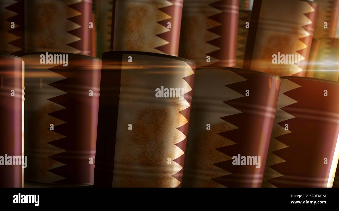 Qatar oil crude petroleum fuel barrels in row concept. Qatari petrol ...