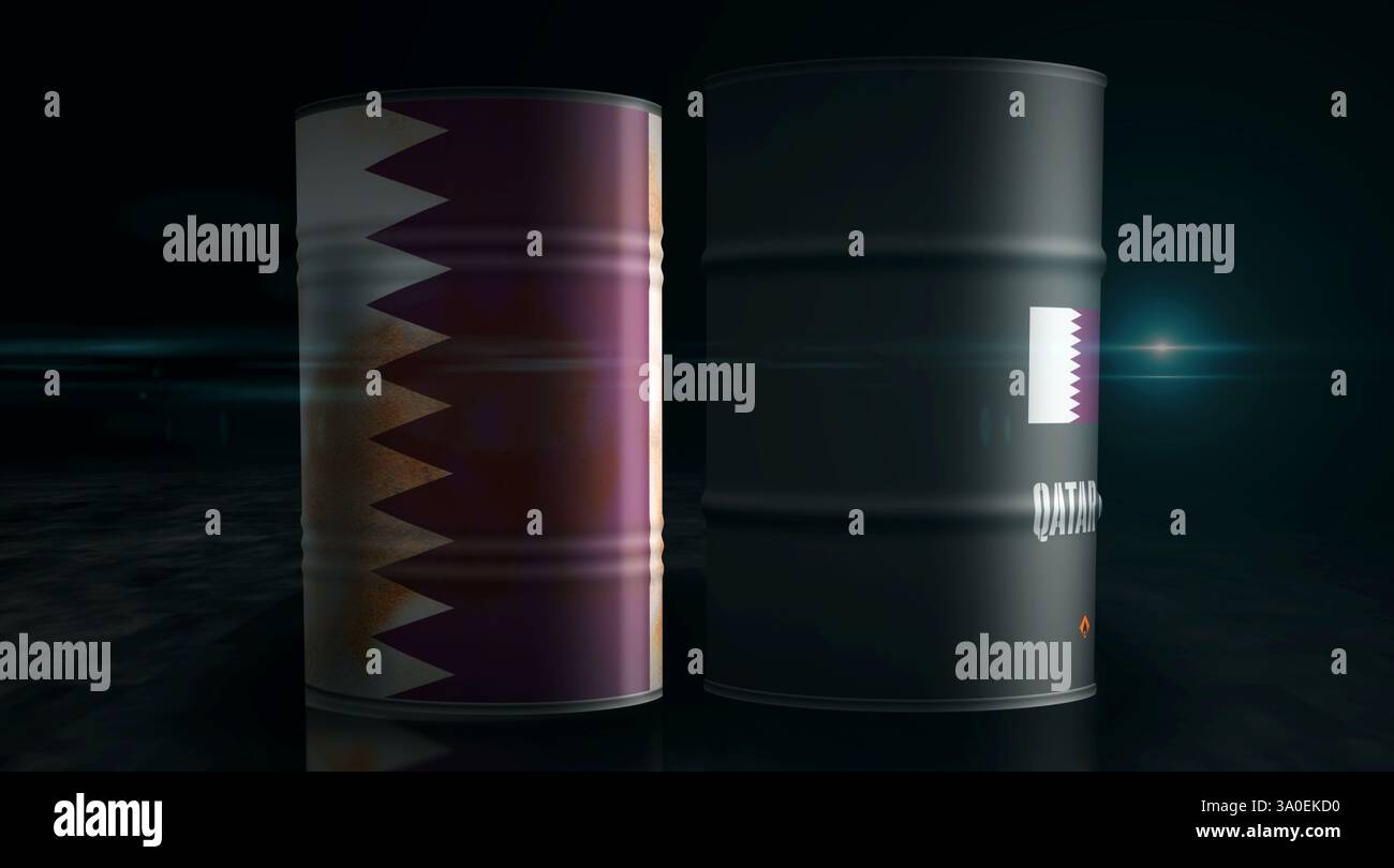 Qatar oil crude petroleum fuel barrels in row concept. Qatari petrol ...
