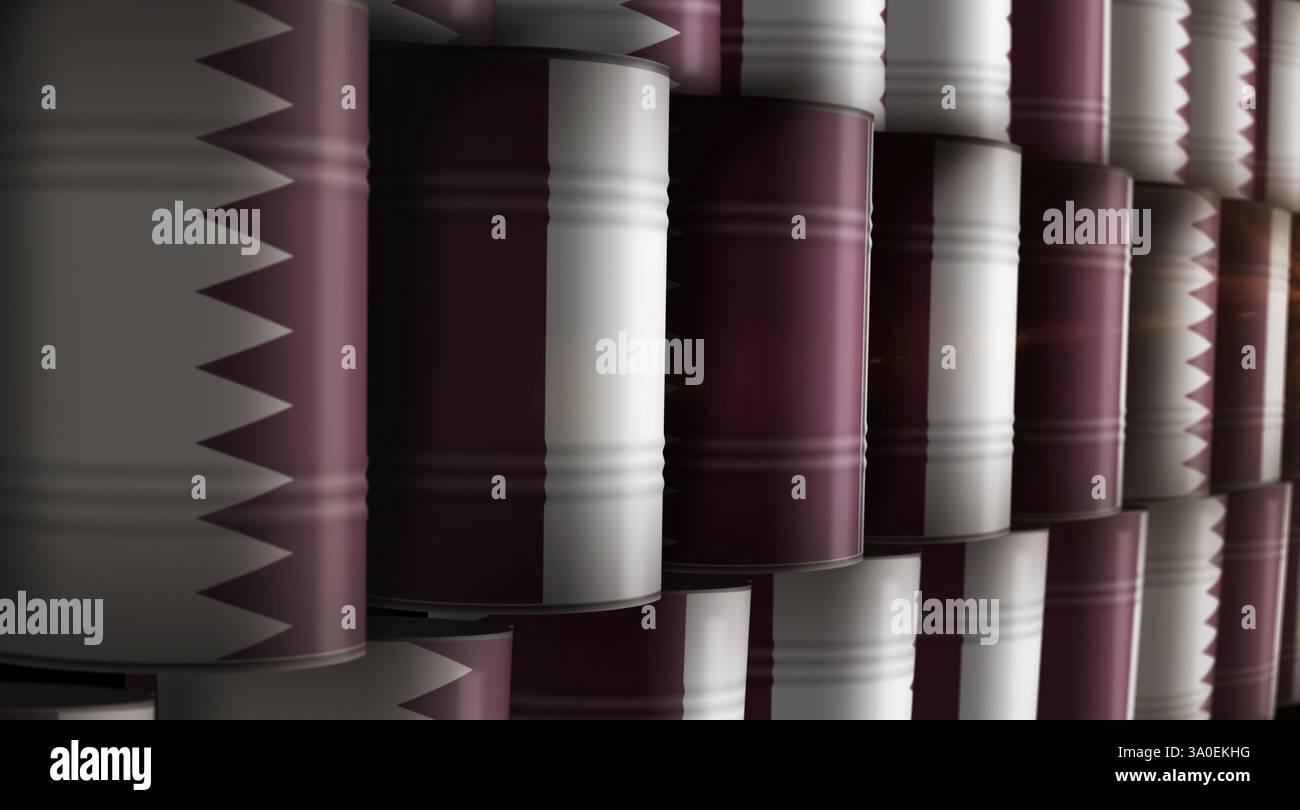Qatar oil crude petroleum fuel barrels in row concept. Qatari petrol ...